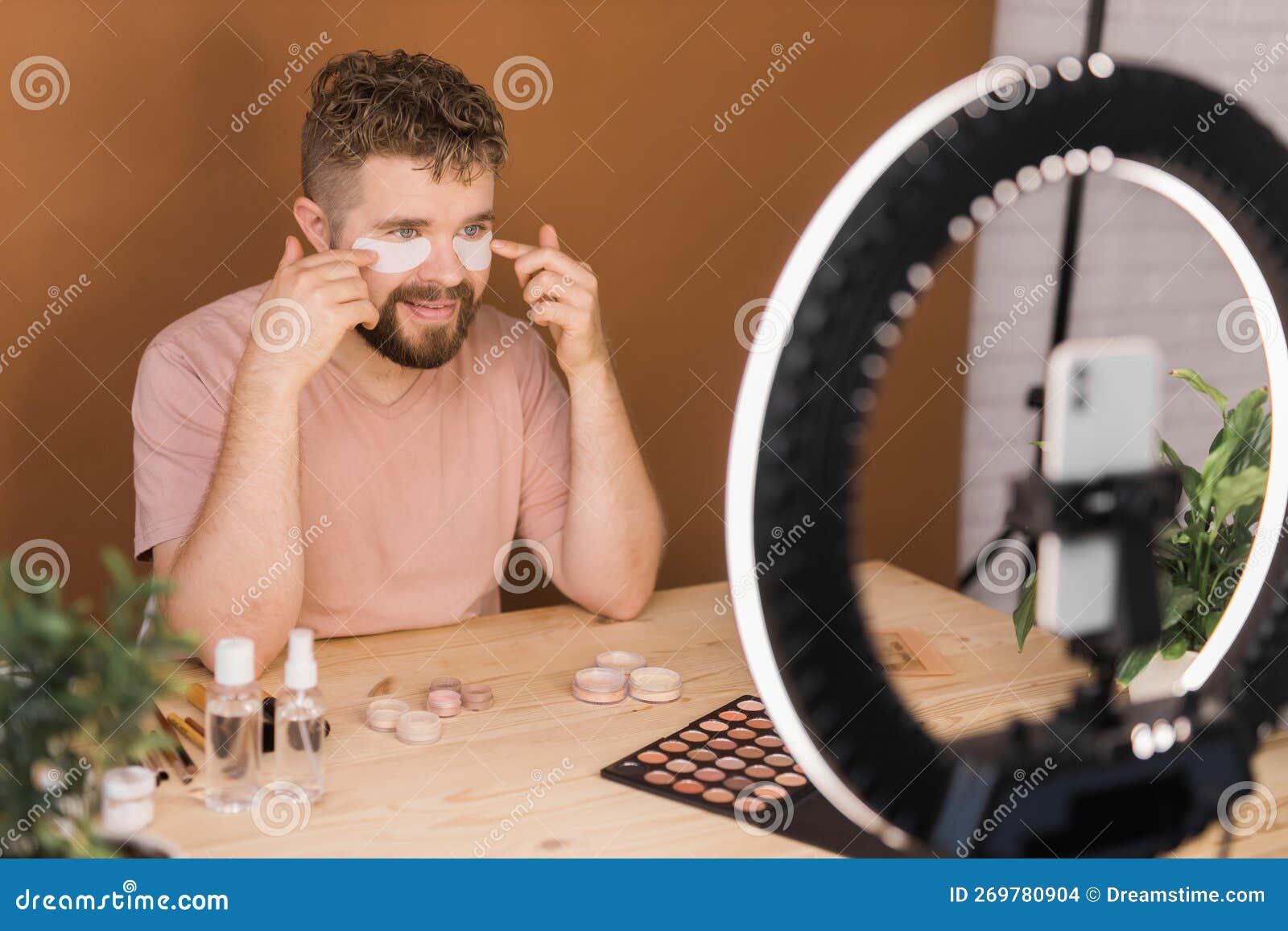 Man Vlogging about Make Up and Beauty Products. Male Shooting a Makeup ...