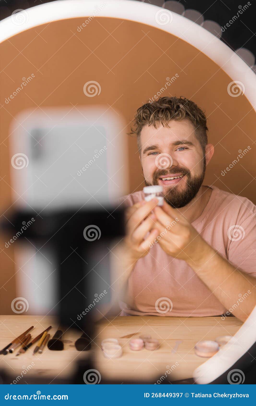 Man Vlogging about Make Up and Beauty Products. Male Shooting a Makeup ...