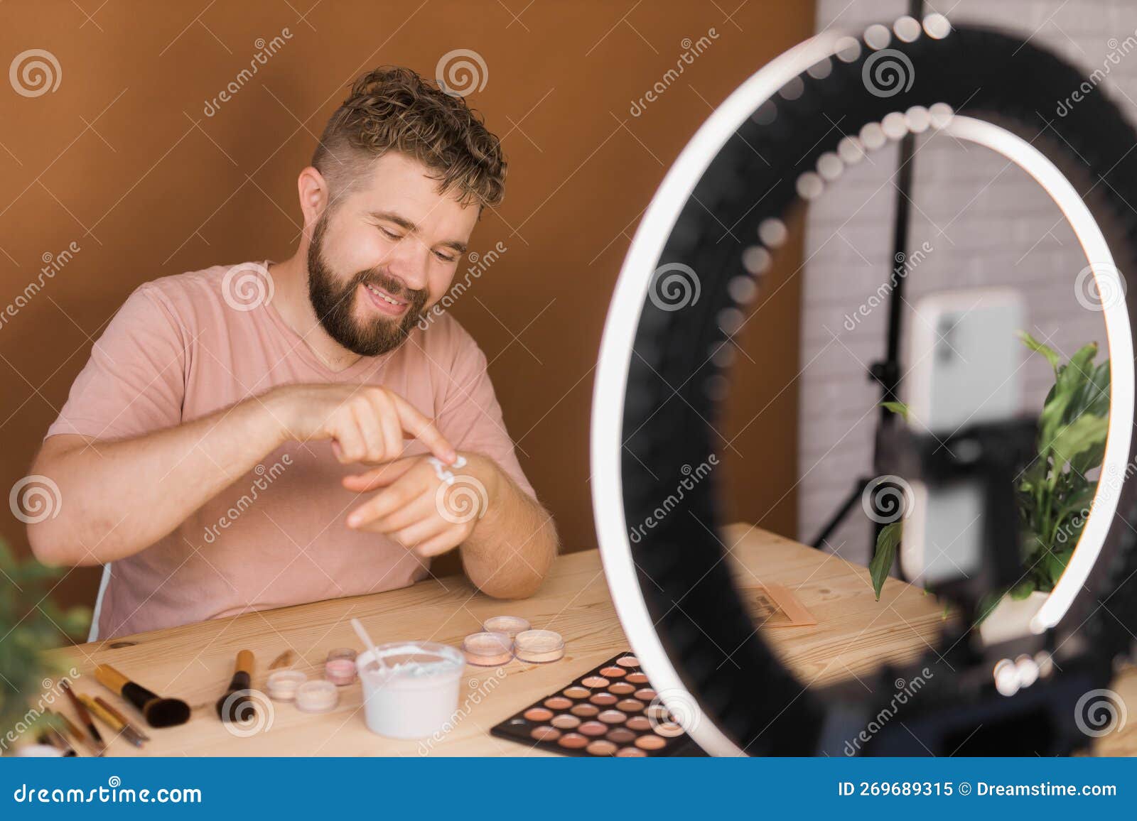 Man Vlogging about Make Up and Beauty Products. Male Shooting a Makeup ...