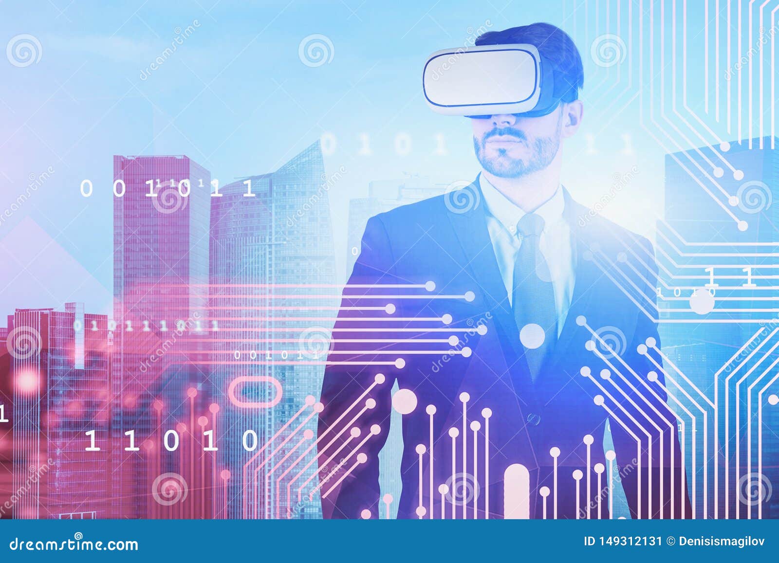 Man in VR Glasses in City, Digital Interface Stock Image - Image of ...