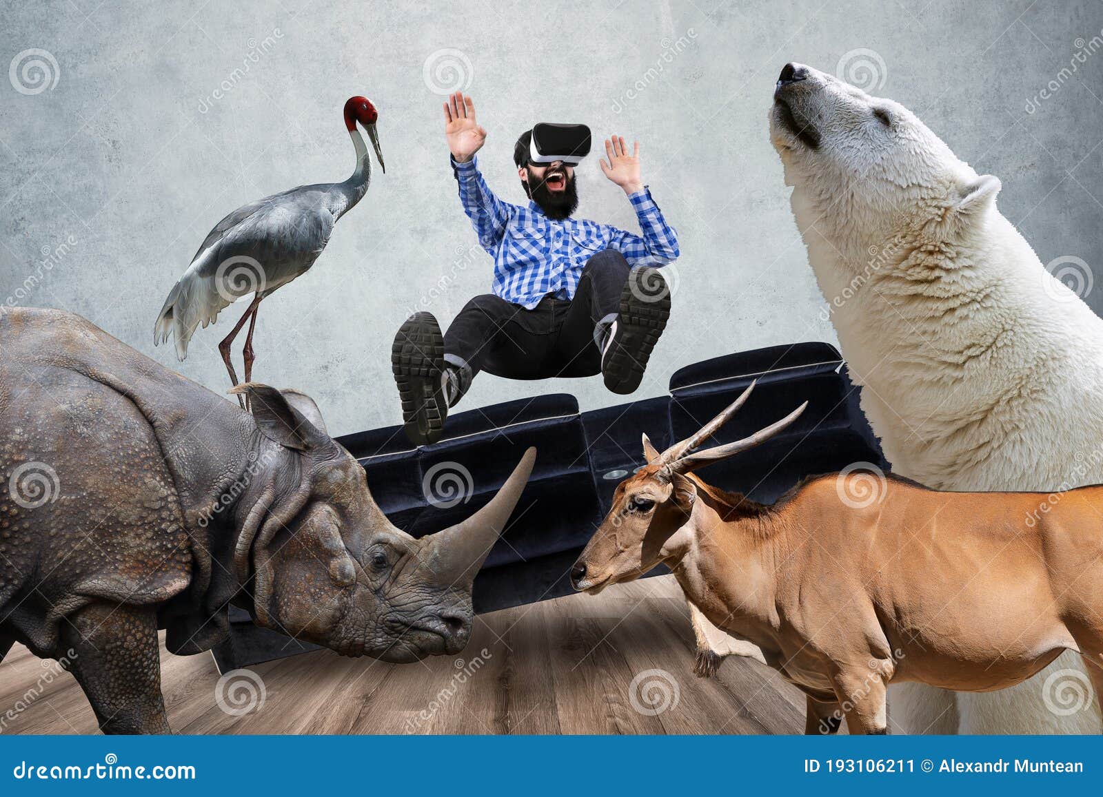 Man in VR with animals stock image. Image of contemporary - 193106211
