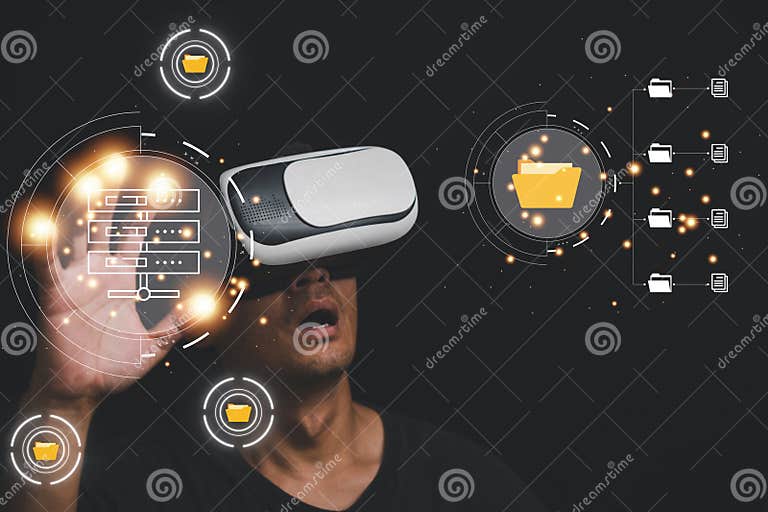 It Consultant in Virtual Reality VR Working with a Document Management System Stock Illustration ...