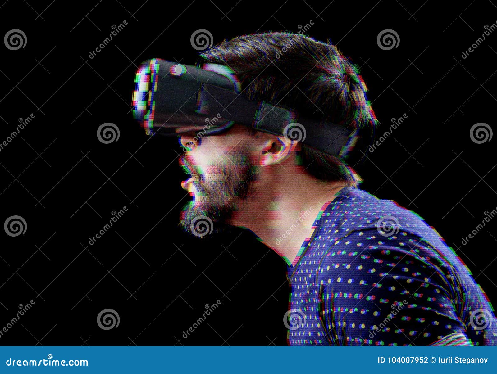 Man with VR Goggles Over Digital Glitch Effects Stock Photo - Image of ...