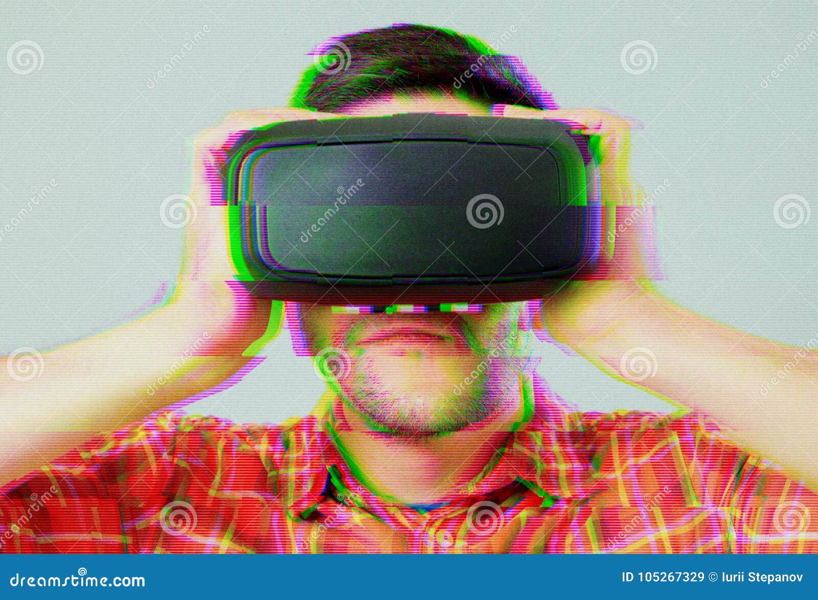 Man with VR Goggles Over Digital Glitch Effects Stock Image - Image of ...