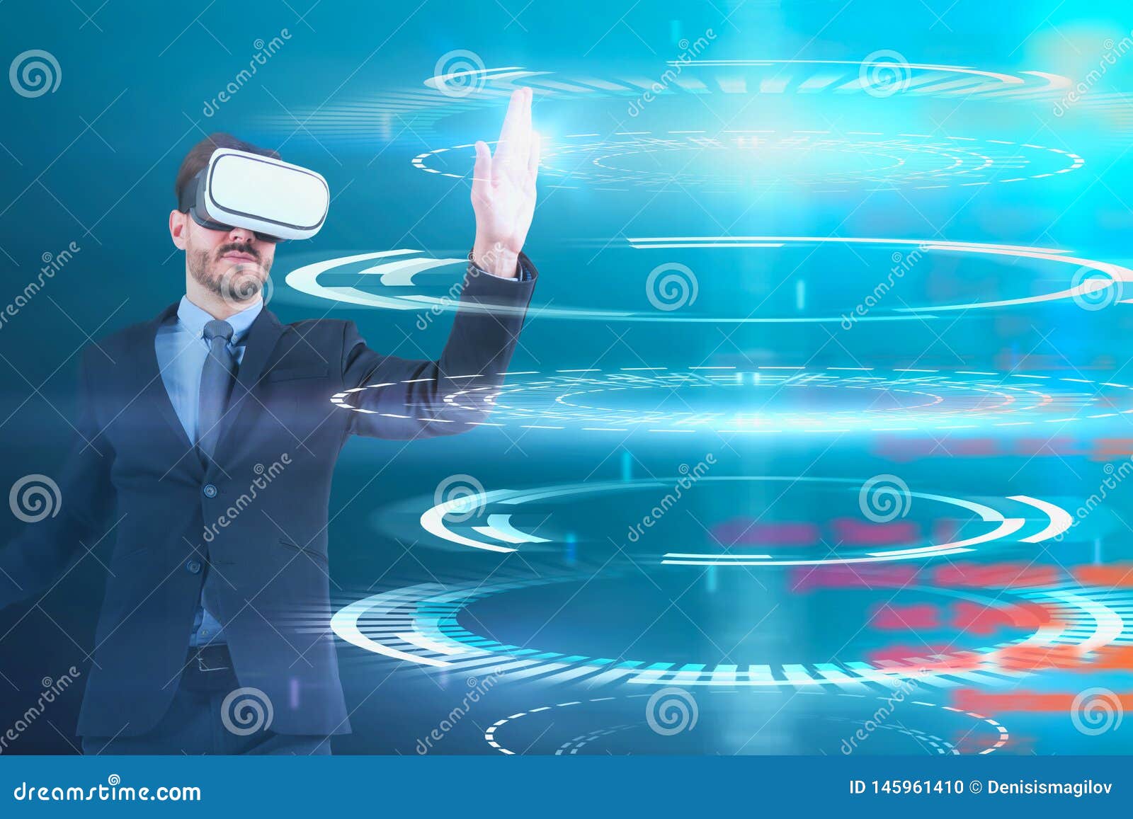 Man in VR Goggles Working with HUD Interface Stock Illustration ...