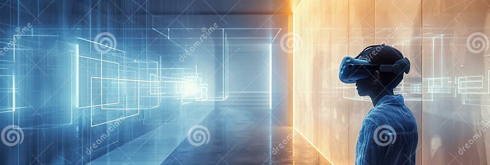 Man in VR Headset Exploring Futuristic Space Stock Image - Image of ...