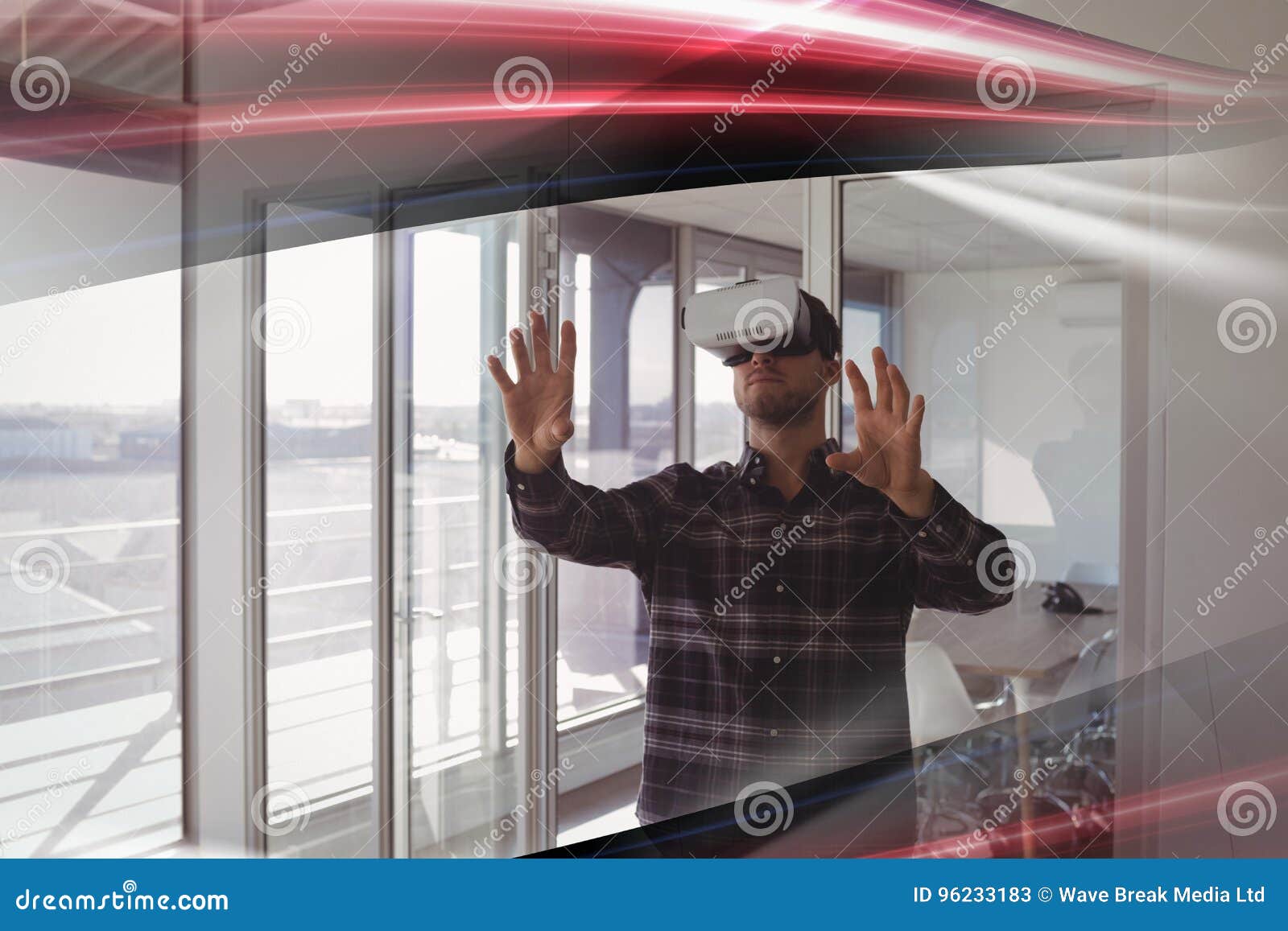 Man in VR Headset Looking at Red Lights Interfaces Stock Image - Image ...
