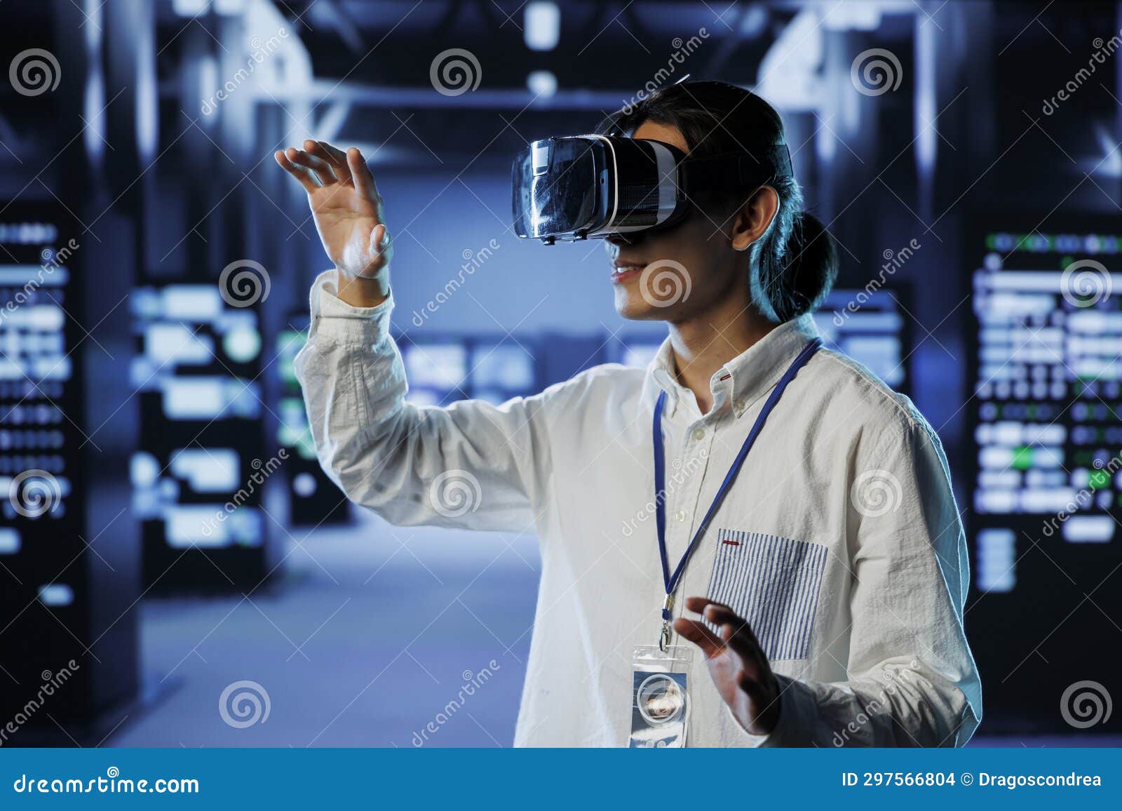 Man with VR Headset Monitors Servers Stock Photo - Image of digital ...