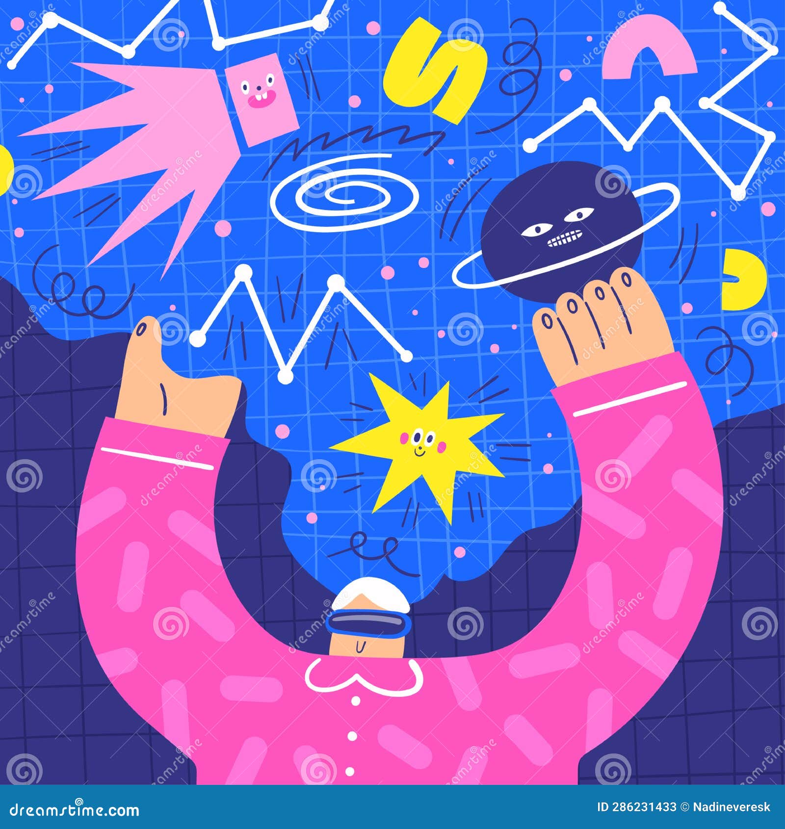 Man with a VR Headset Sees Virtual Reality Space, Planets, Comet ...