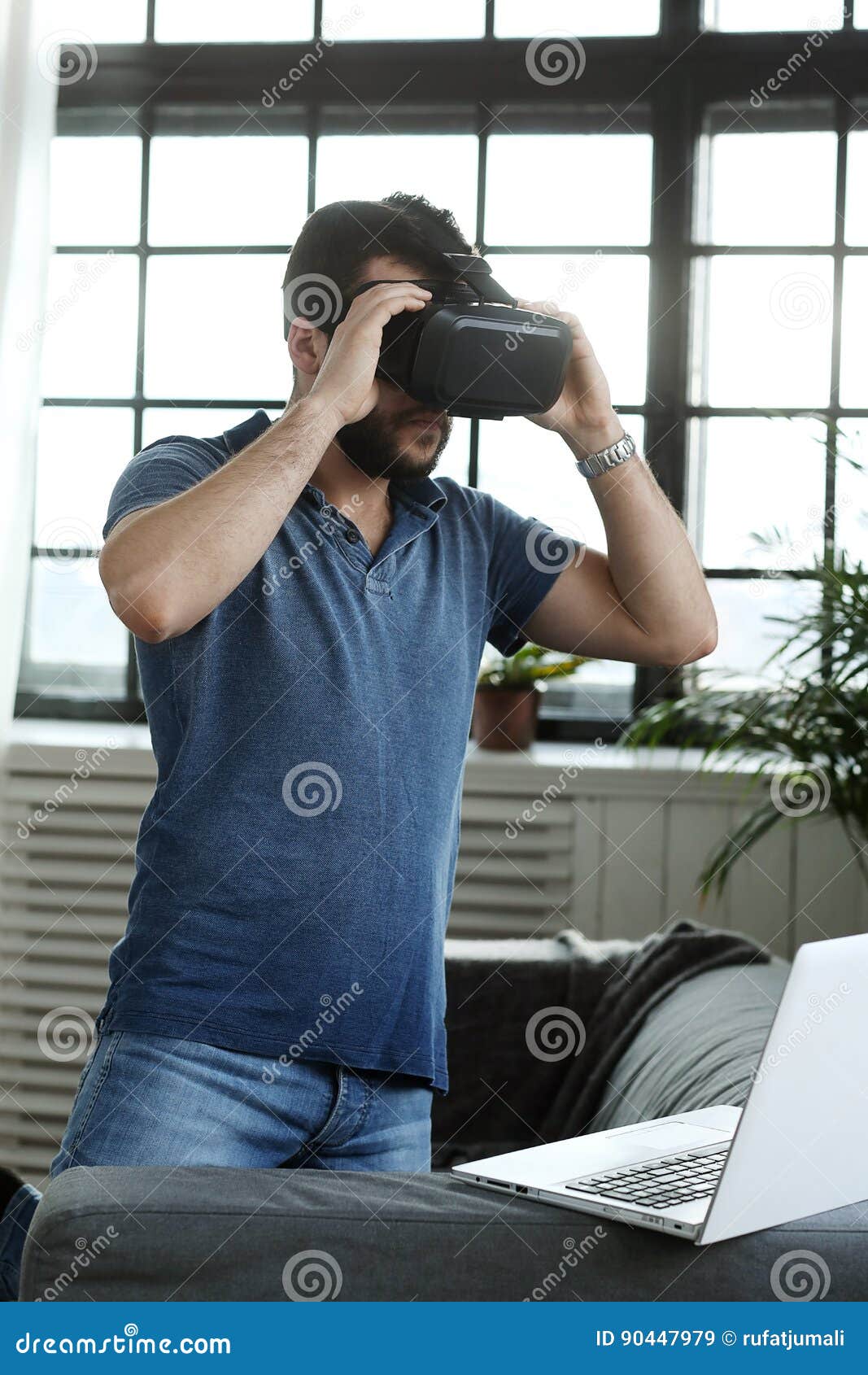 Man with VR headset stock image. Image of laptop, leisure - 90447979