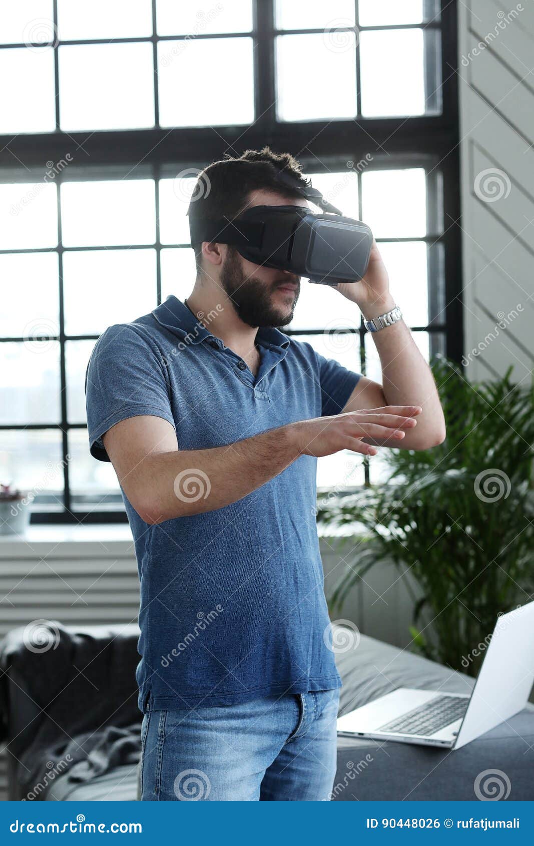 Man with VR headset stock photo. Image of headset, looking - 90448026