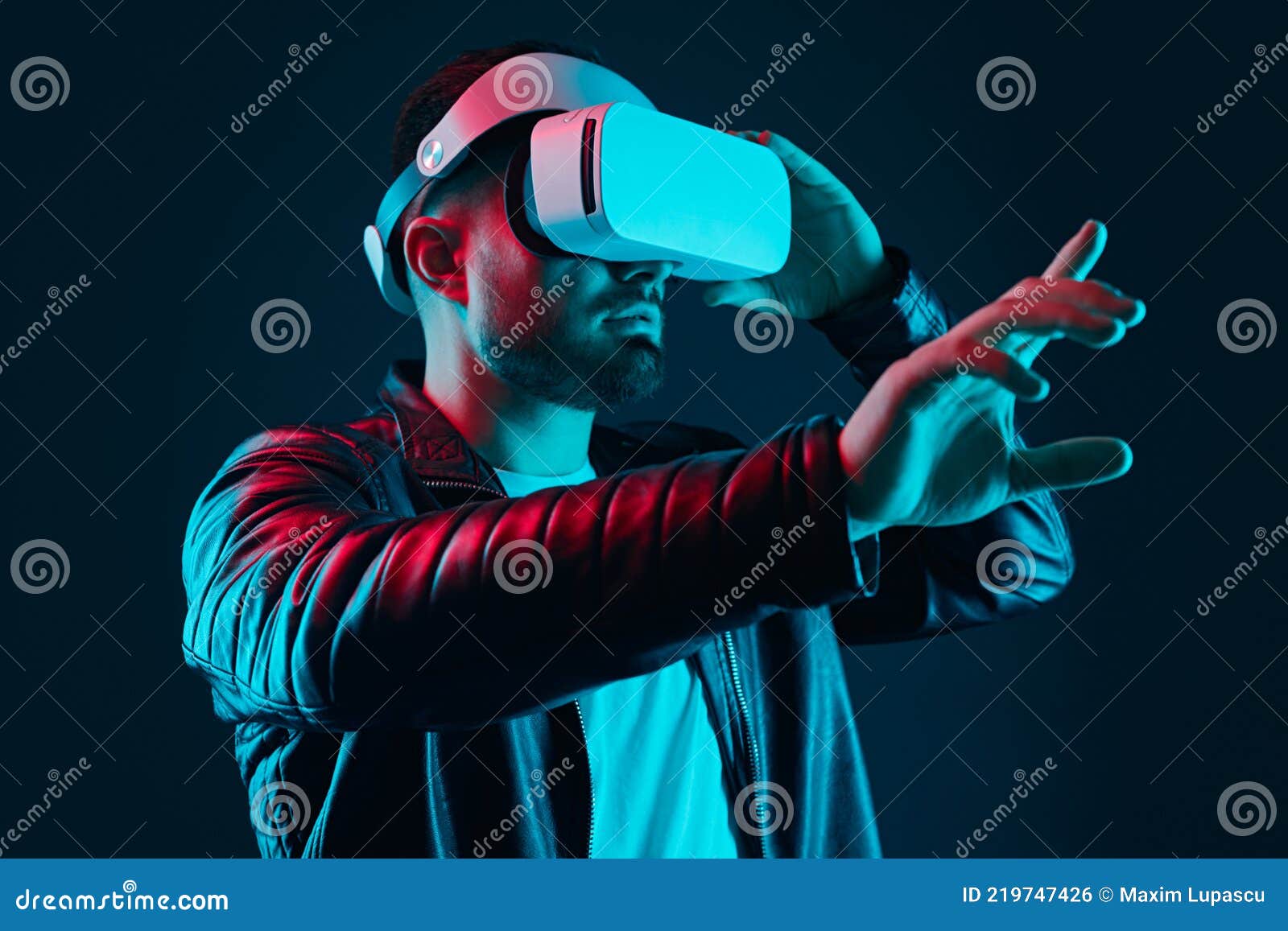 Man in VR Headset Touching Air Stock Photo - Image of touch, gesture ...