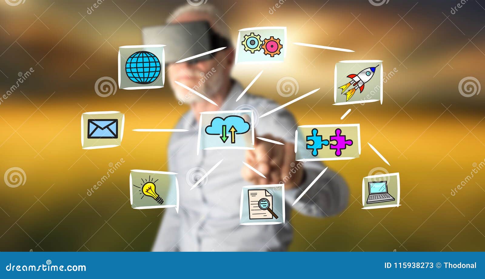 Man with VR Headset Touching a Cloud Computing Concept on a Touch ...