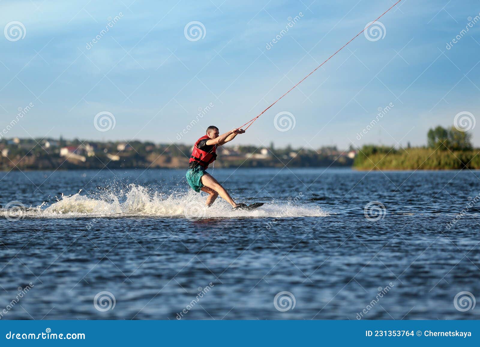 Man Wakeboarding on River. Extreme Water Sport Stock Photo - Image of ...