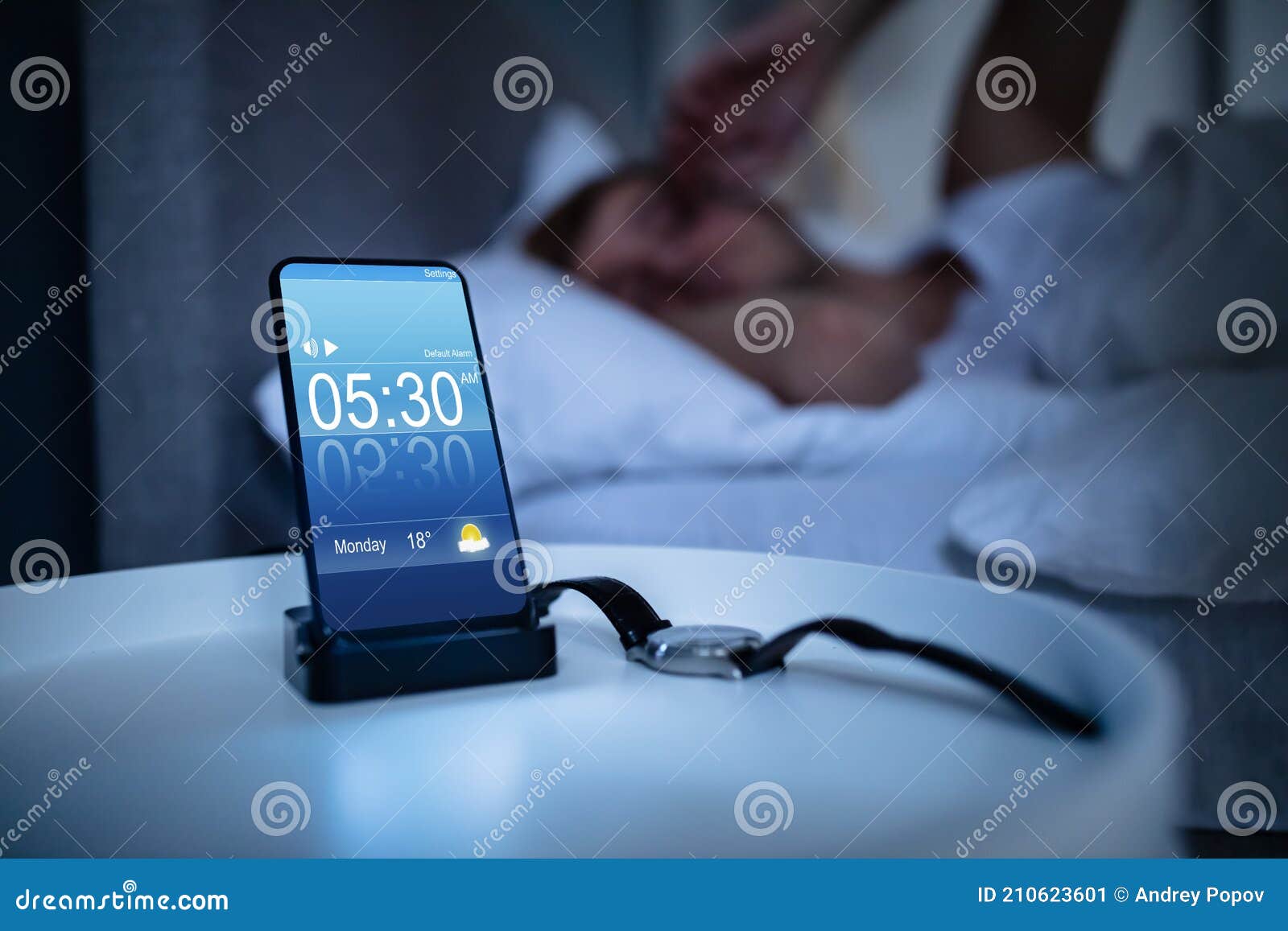 Man Waking Up with Alarm on Mobile Phone Stock Image - Image of snooze ...