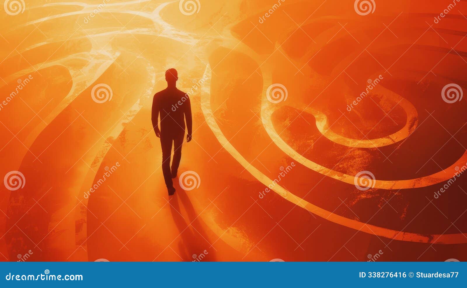 Man Walking through Abstract Orange Maze with Glowing Paths Stock Photo ...