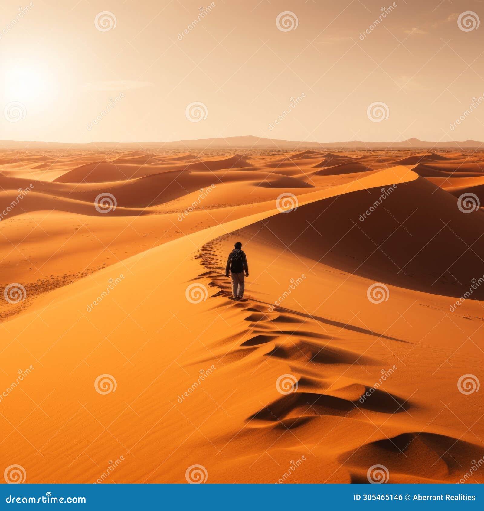 Man Walking Alone in the Sahara Desert at Sunset Stock Illustration ...