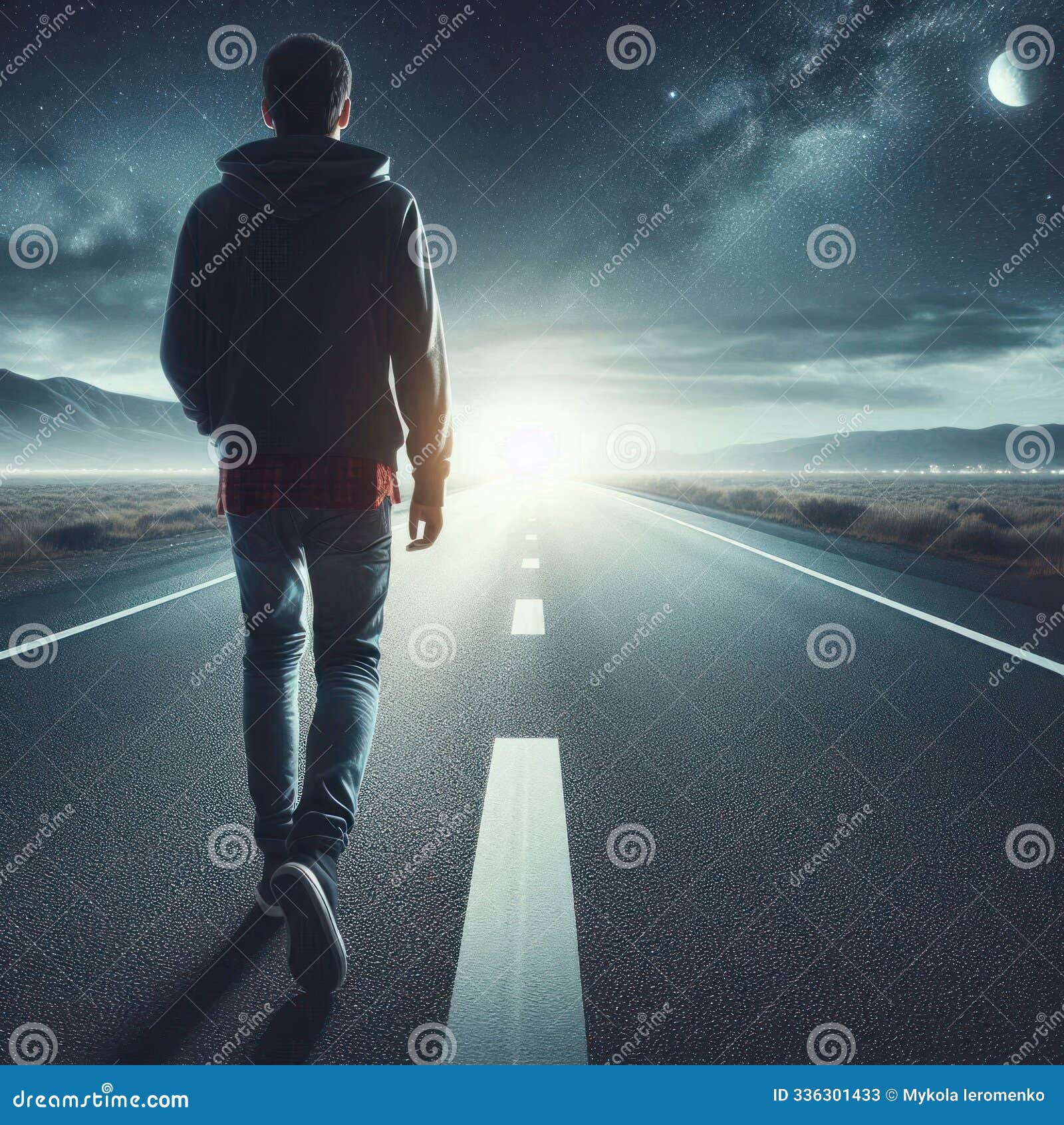 A Man Walking Along a Night Road To a Light in the Distance. Stock ...