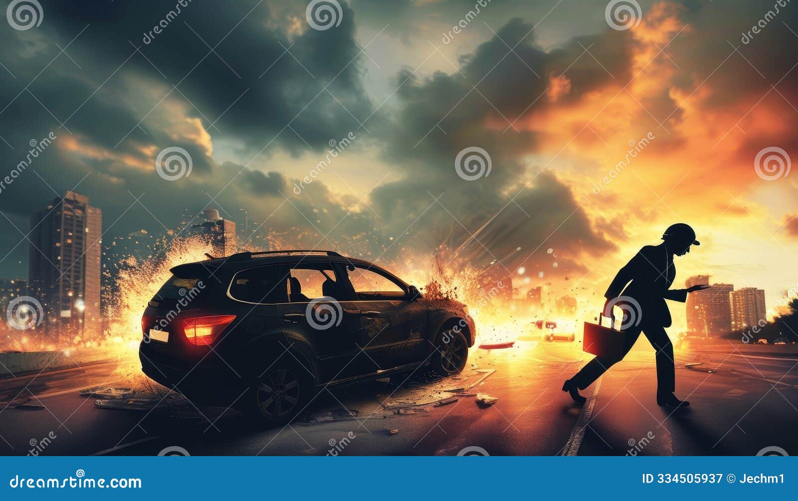 Man Walking Away from Car Explosion in Urban Setting Stock Illustration ...
