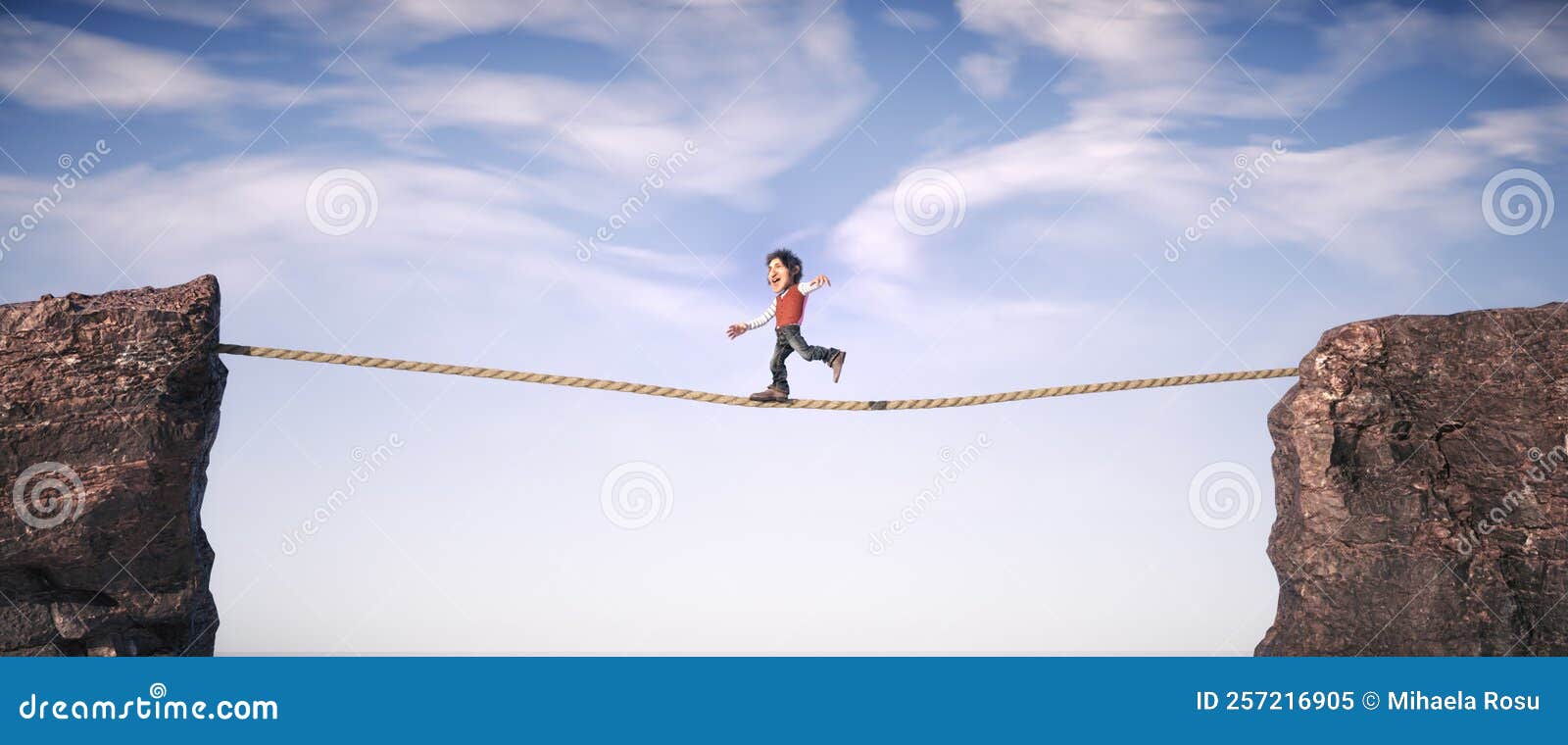Man Walking in Balance on the Rope Over the Mountains Stock ...