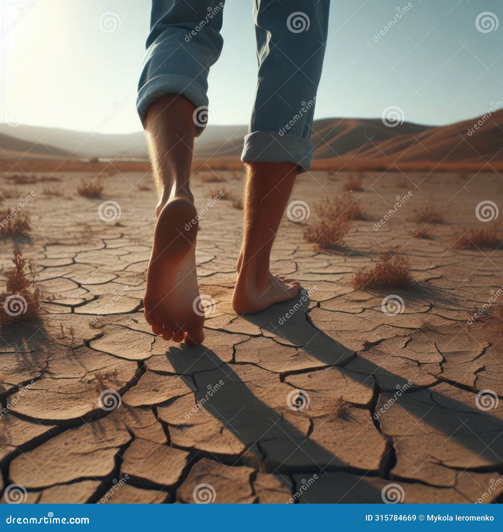 Man Walking Barefoot on the Surface of Cracked Soil. Stock Image ...