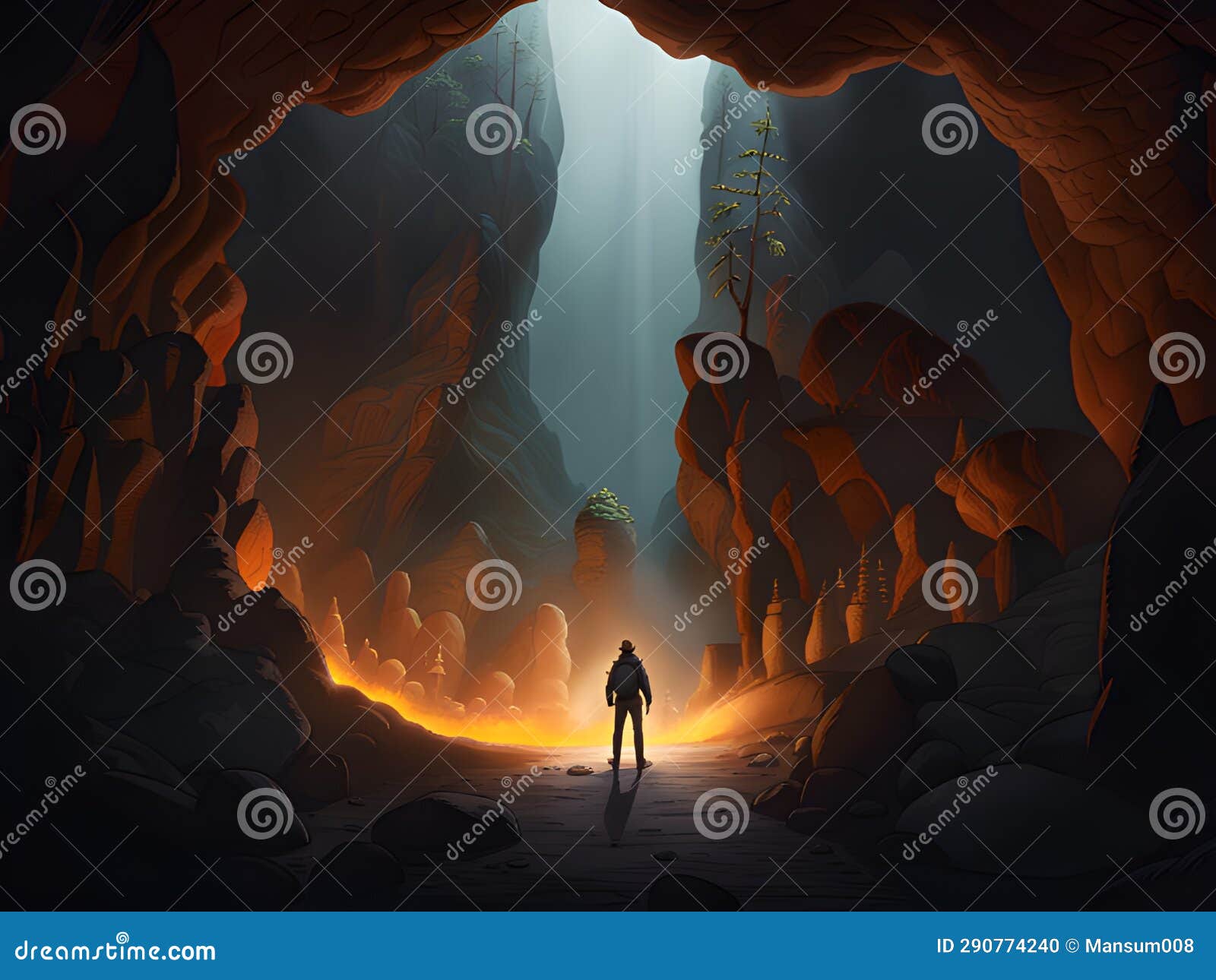 A Man is Walking in the Cave Stock Illustration - Illustration of ...