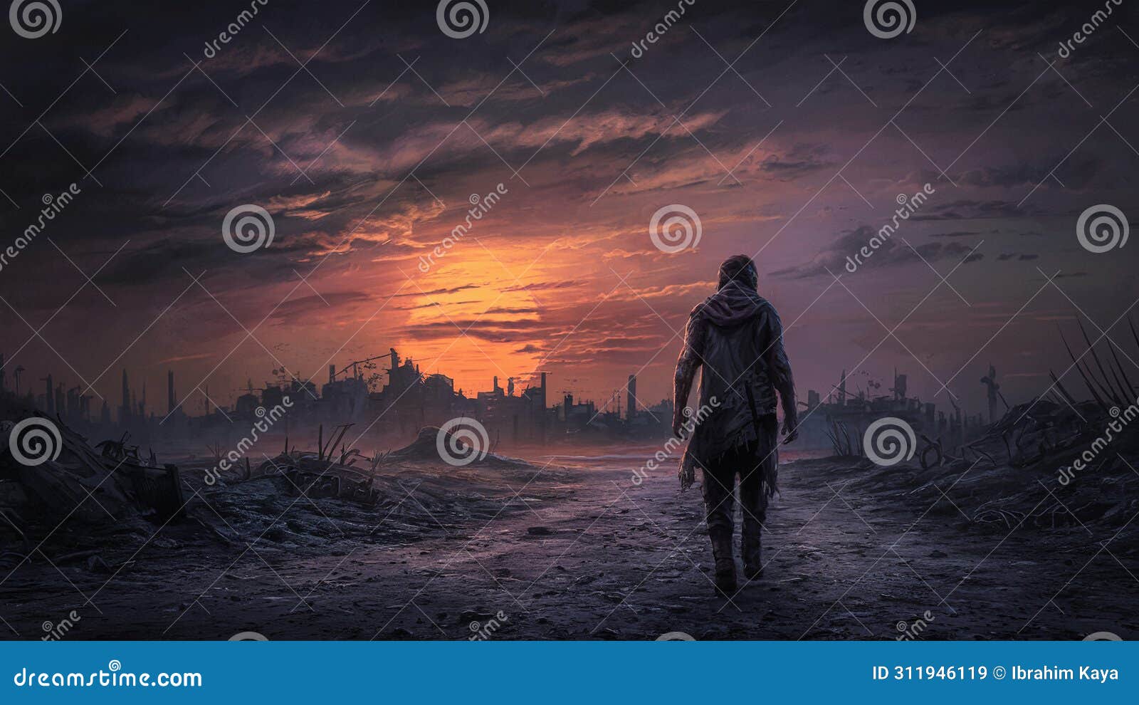 A Man Walking through the Dark, Uncertain and Desolate Ruins of a Post ...