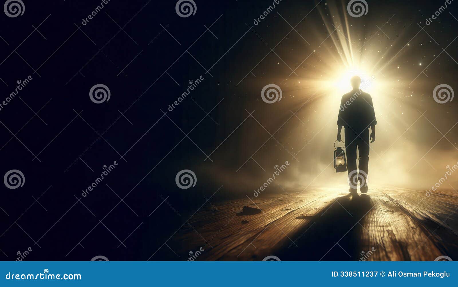A Man Walking from Darkness To Light with an Old Lantern in His Hand ...