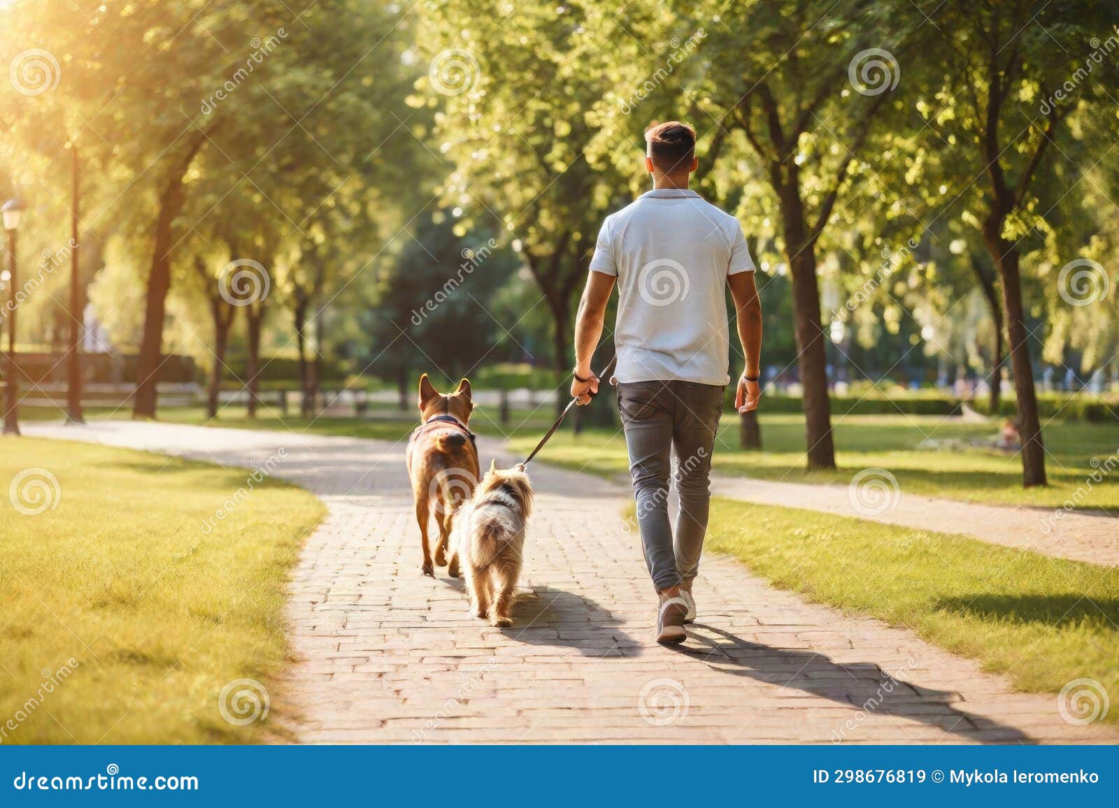 A Man Walking with Dogs in the Park on a Sunny Day. Stock Image - Image ...