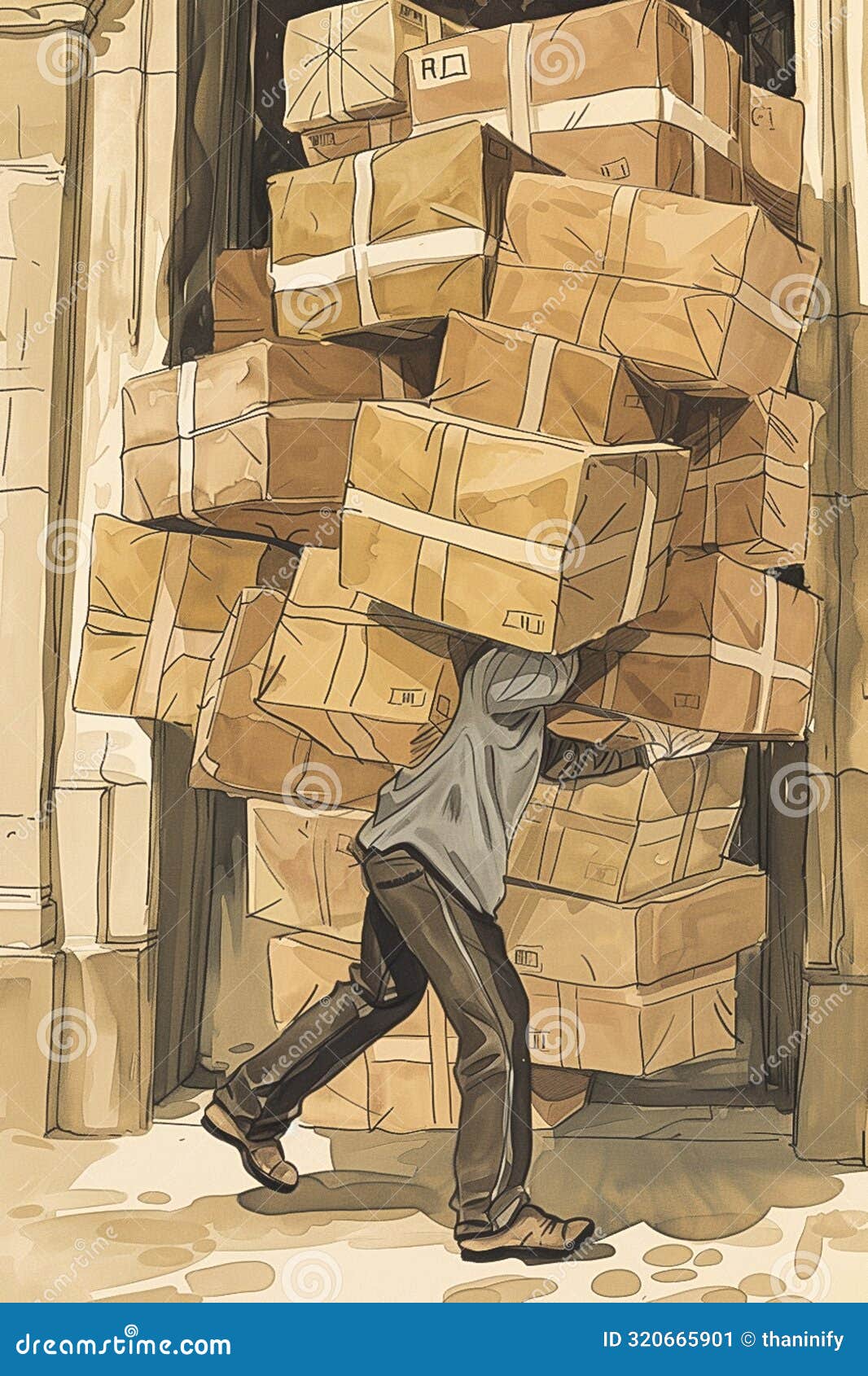 Man Carrying a Large Stack of Boxes in a Doorway Stock Illustration ...