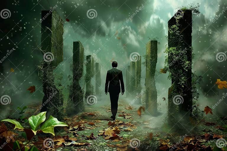 Man Walking Down Path with Pillars in Background. Generative AI Stock ...