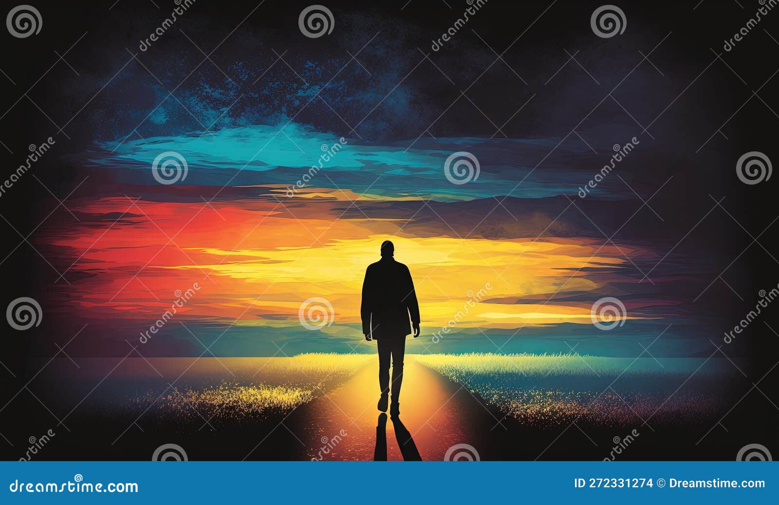 A Man Walking Down a Road Towards a Colorful Sky with Clouds Stock ...