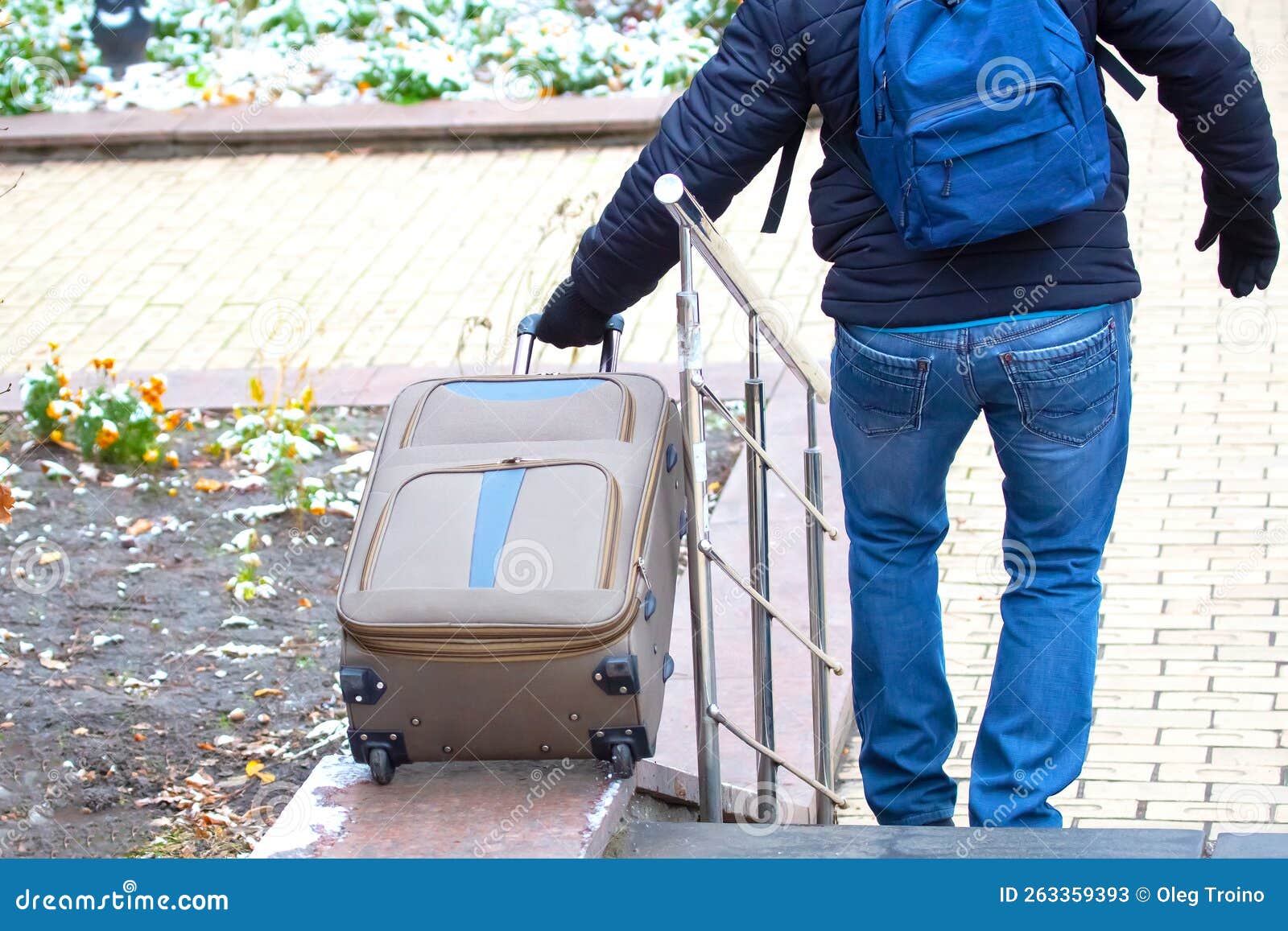 Man Walking Down the Sidewalk with a Luggage Bag Stock Image - Image of ...