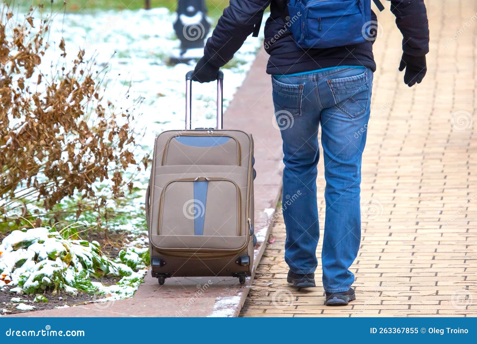 Man Walking Down the Sidewalk with a Luggage Bag Stock Image - Image of ...