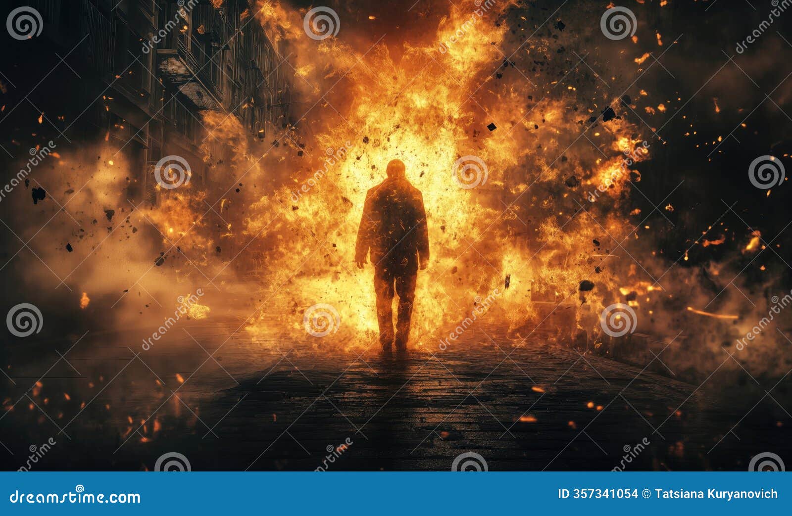 Man Walking through Explosion, Fiery Background, Urban Setting ...