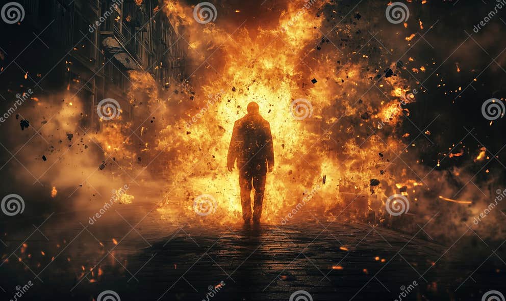 Man Walking through Explosion, Fiery Background, Urban Setting ...