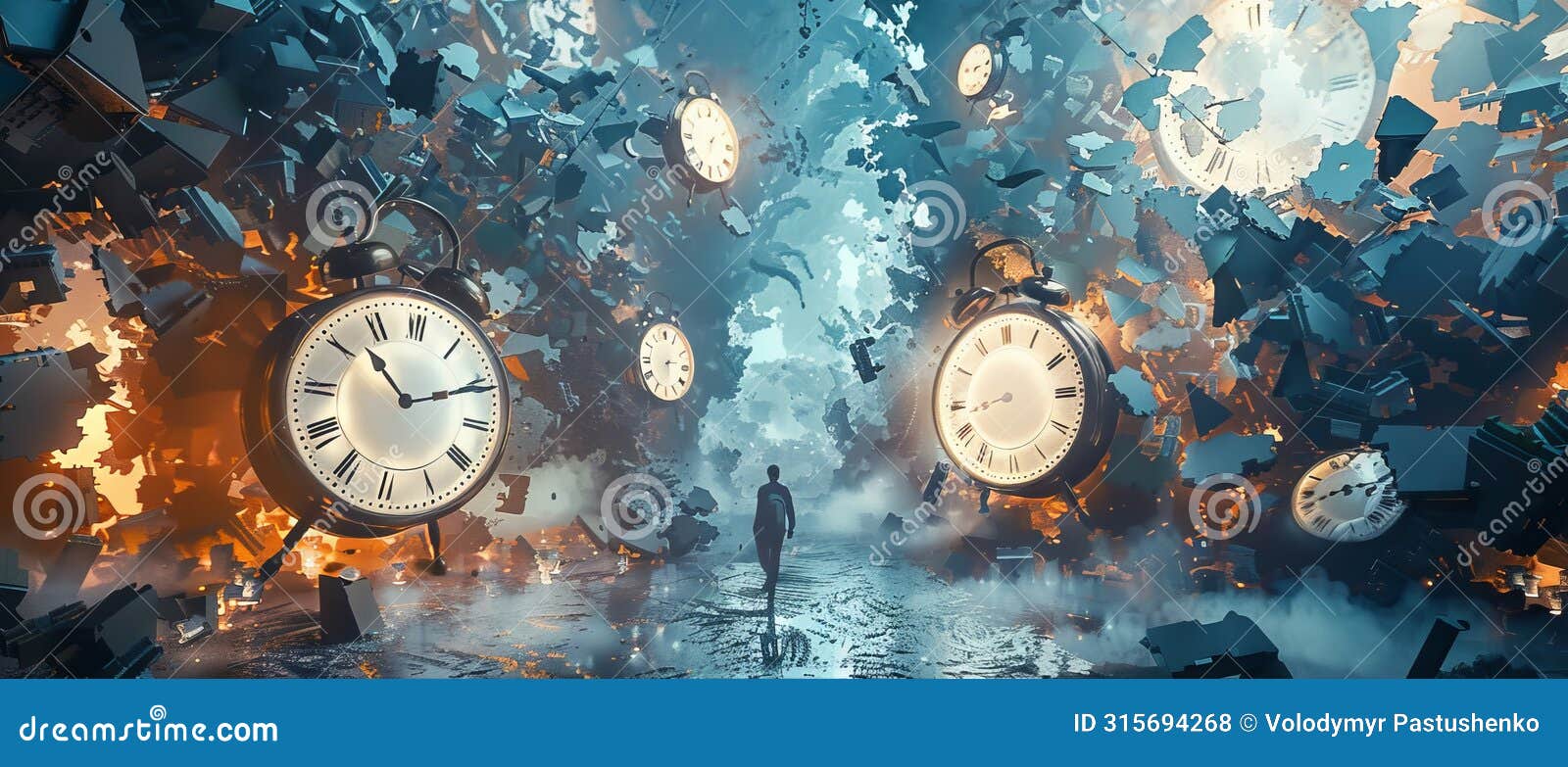 A Man is Walking through a Field of Clocks Stock Photo - Image of ...