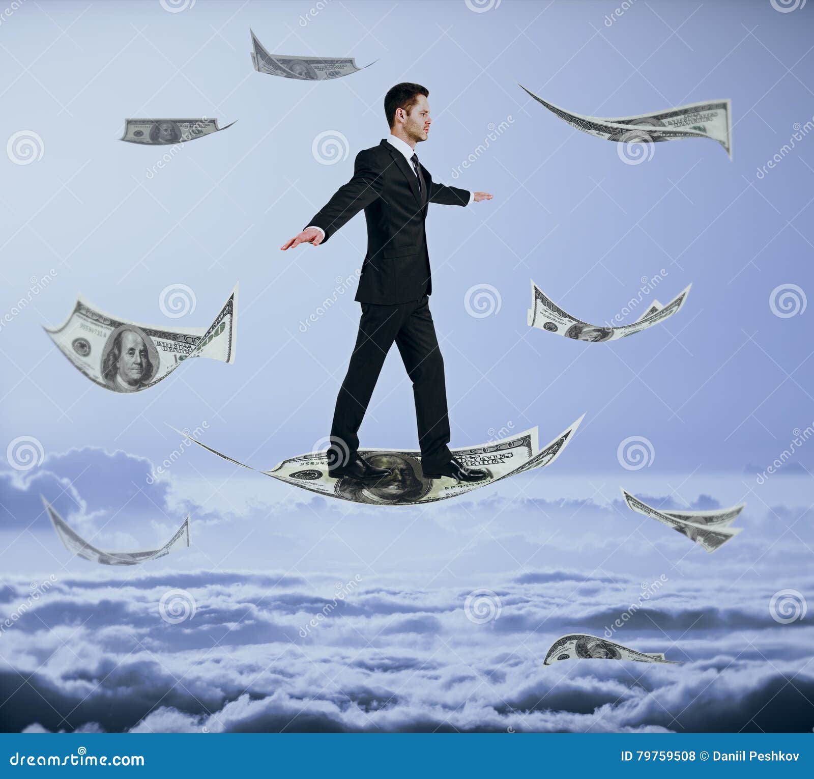 Man Walking on Flying Dollar Stock Photo - Image of opportunity ...