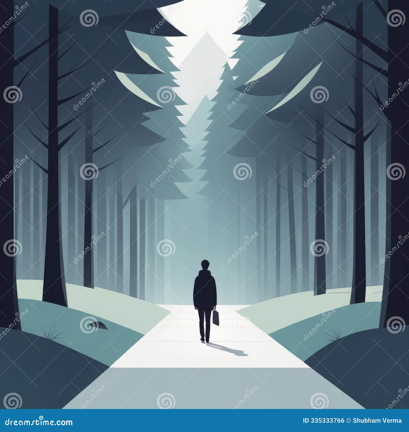 Man Walking through Forest with Pine Tree. Man Walking through Forest ...