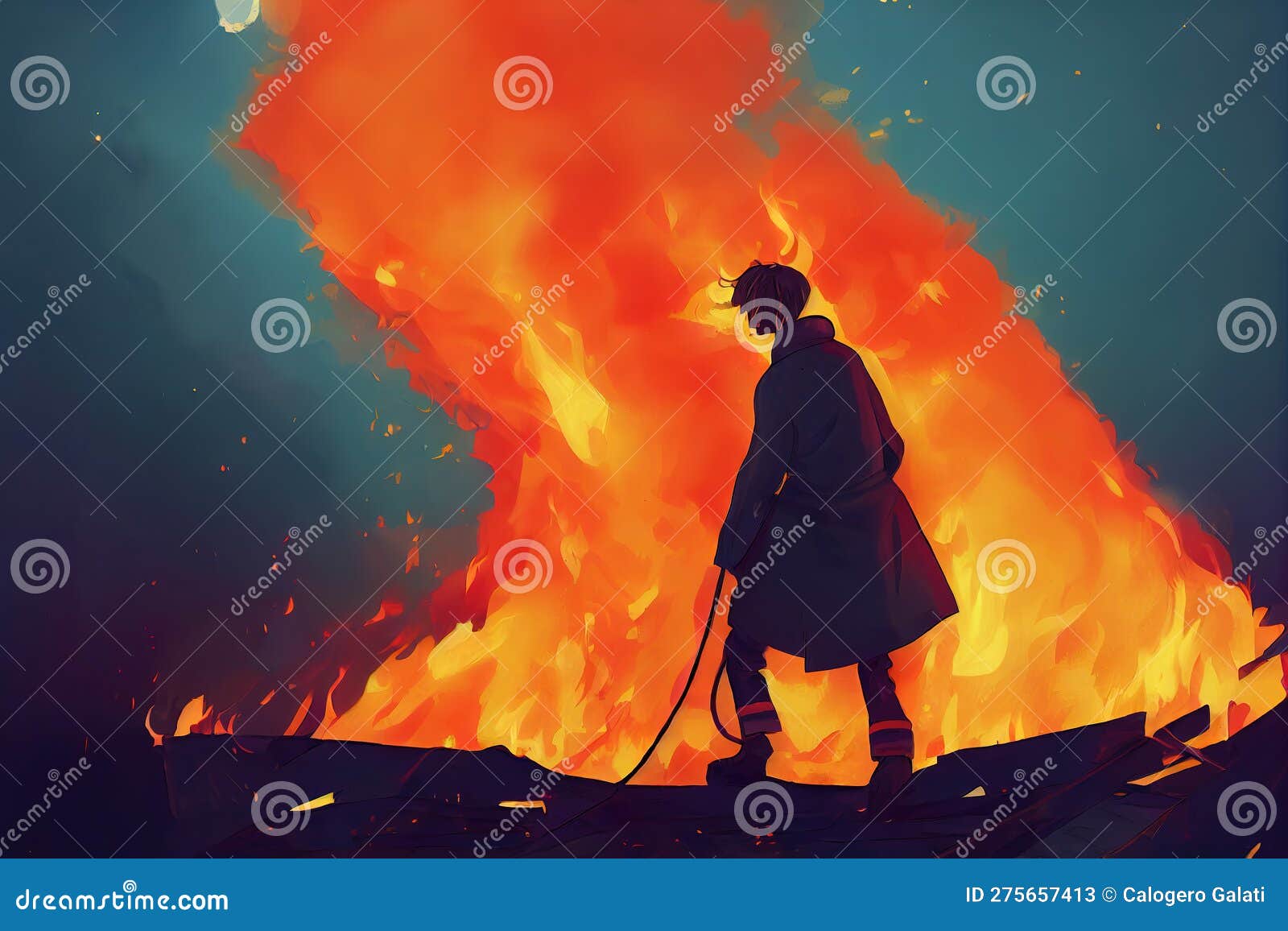 A Man Walking in Front of a Burning Place, Thinking about Life, Ai ...