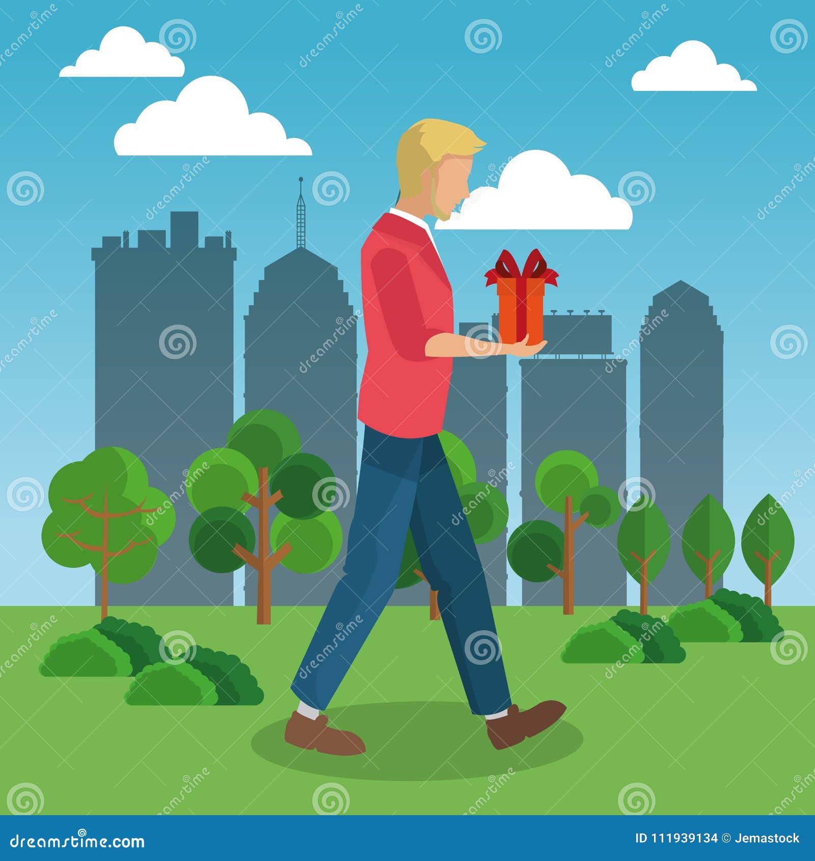 Man walking with gift box stock vector. Illustration of scene - 111939134