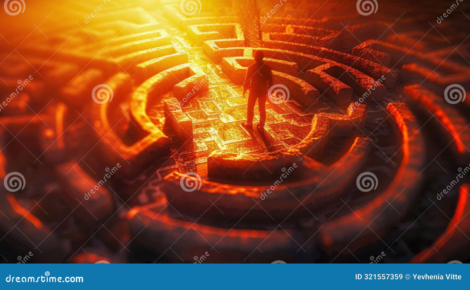 Man Walking through Glowing Labyrinth at Sunset. Generative Ai Stock ...