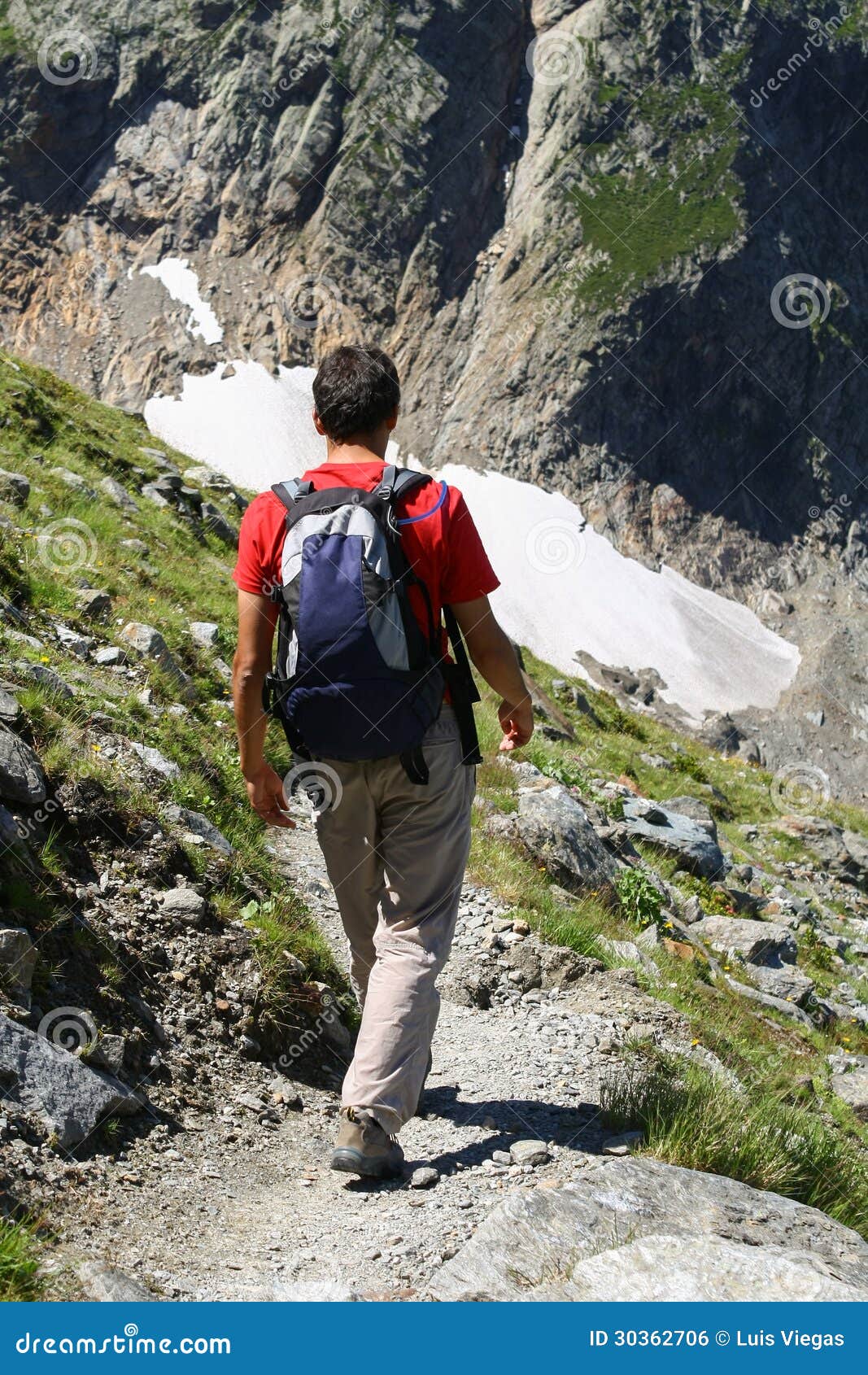 Man Walking on High Mountain Trail Stock Photo - Image of health ...