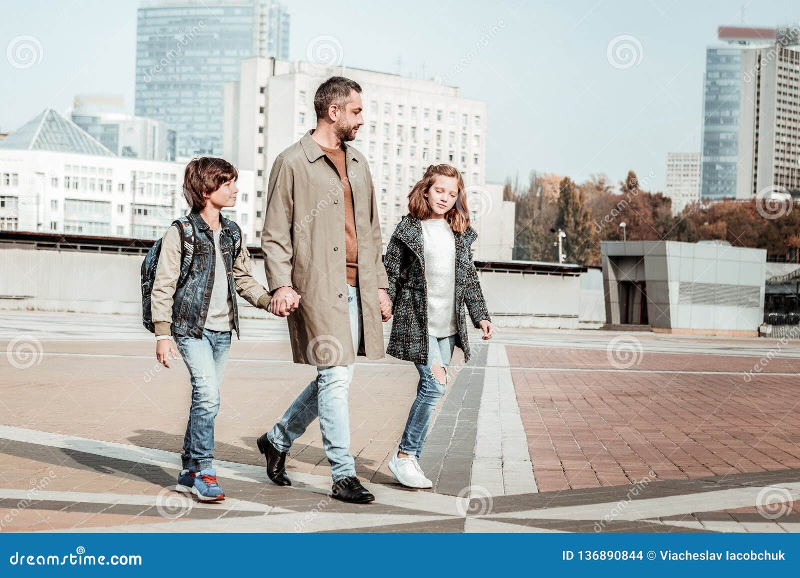 Man Walking with His Children after School Stock Photo - Image of ...
