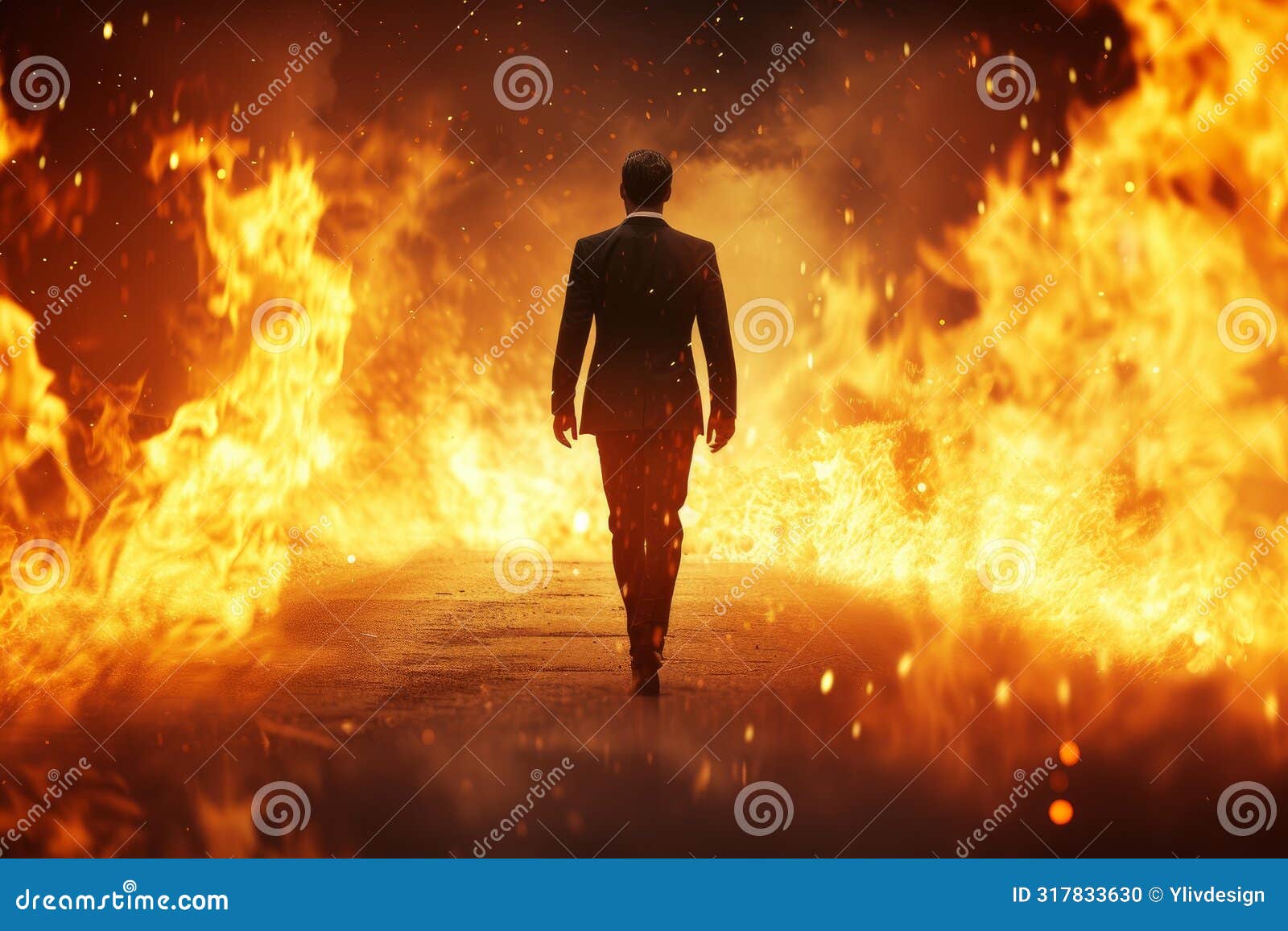 Man Walking through Inferno on Path Stock Photo - Image of disaster ...