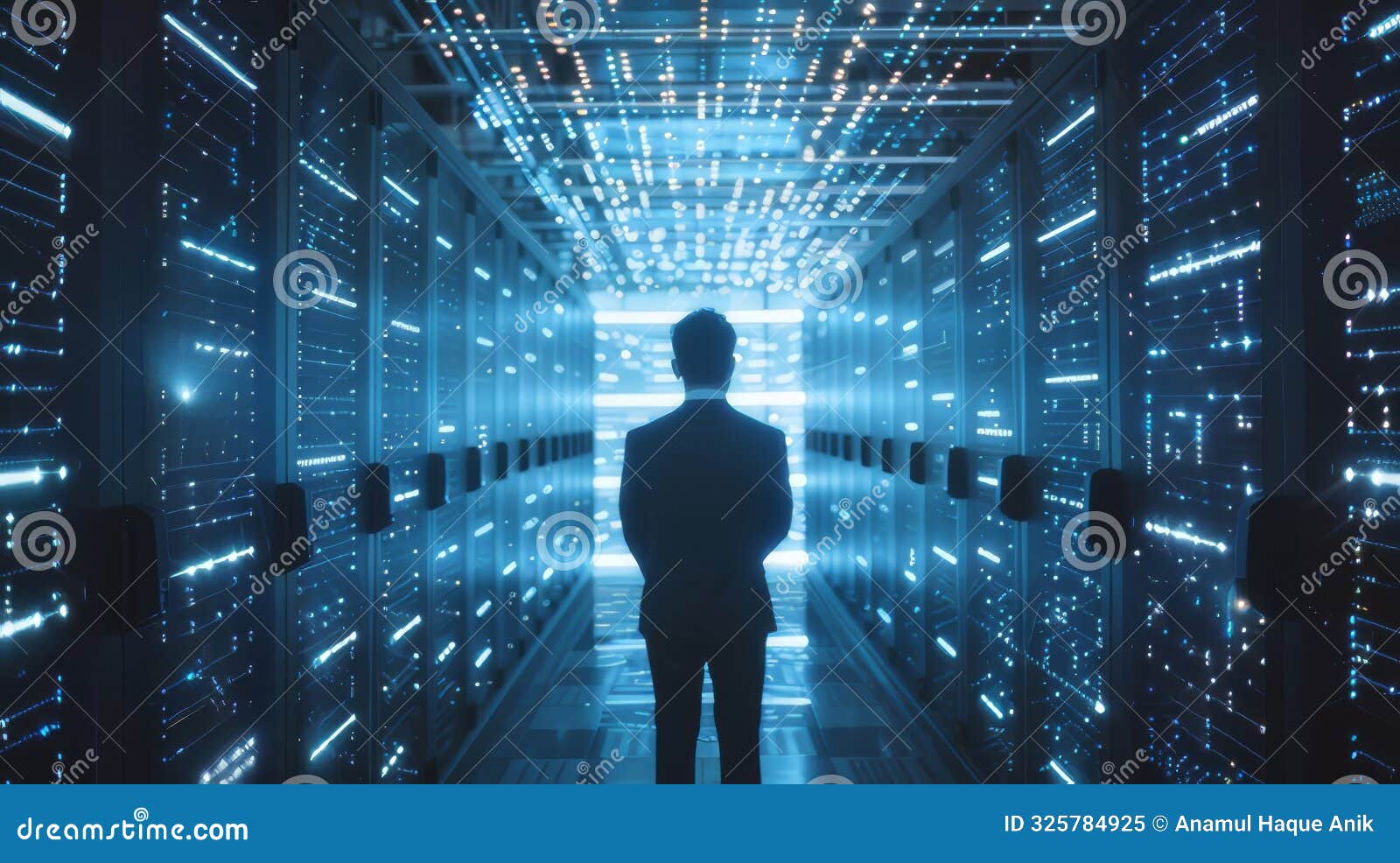 A Man is Walking through a Large Room Filled with Computer Servers ...