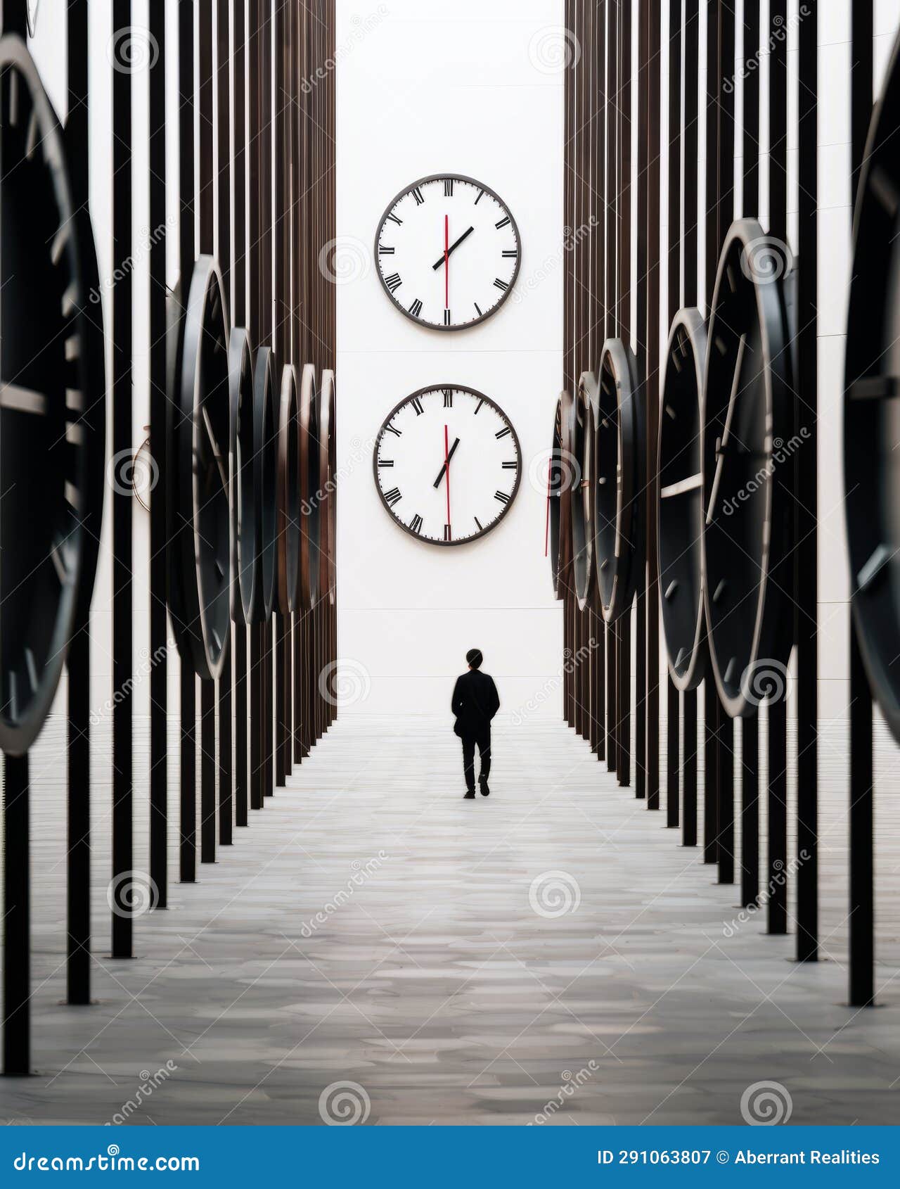 A Man Walking through a Long Hallway with Many Clocks Stock ...