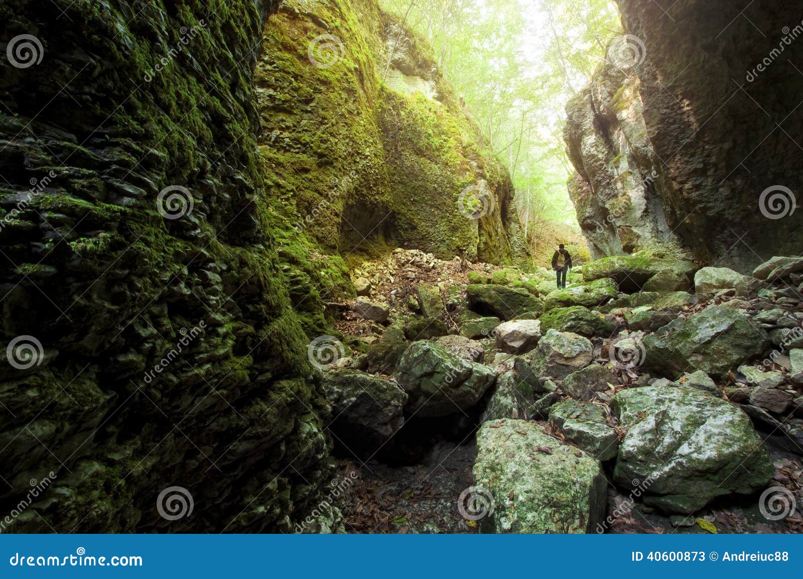 Man Walking in Mountain Valley with Rocks Stock Image - Image of light ...