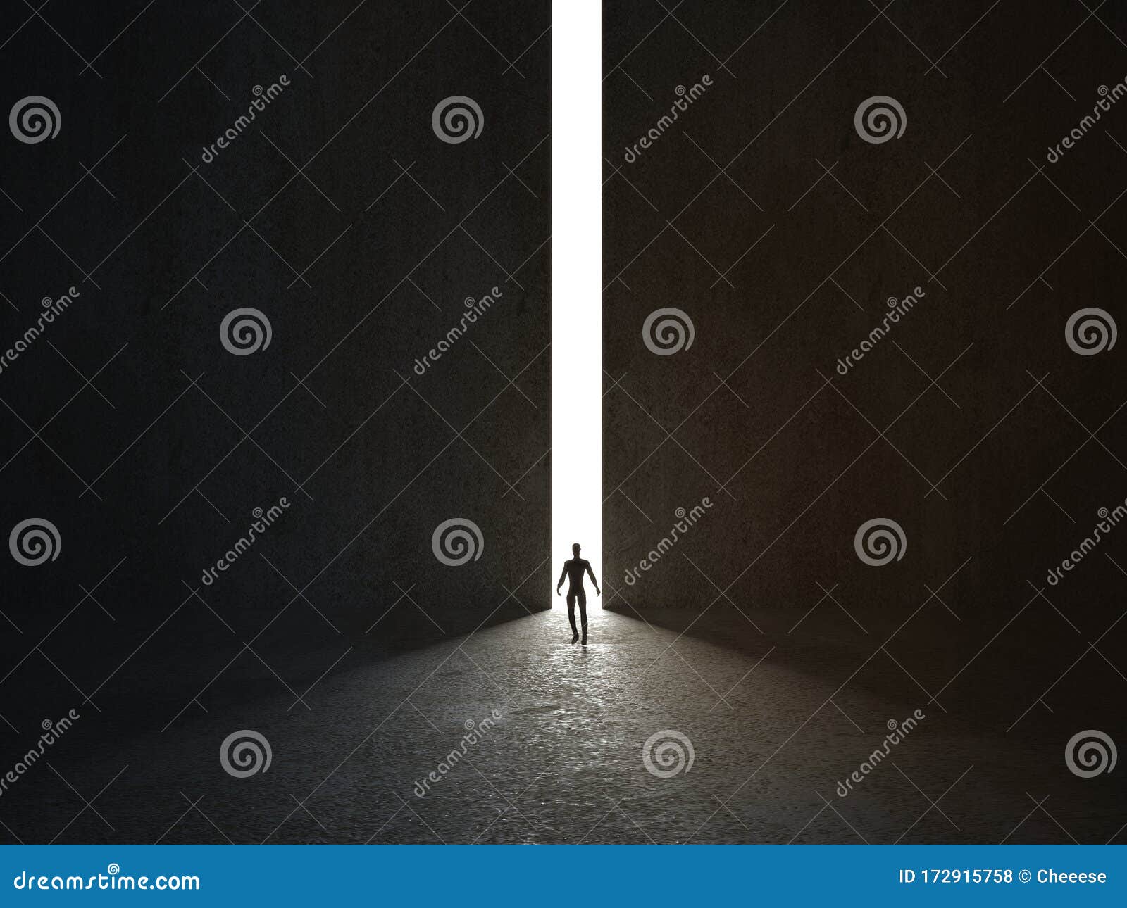 Man Walking in a Narrow Light Passage. 3D Rendering. Stock Illustration ...