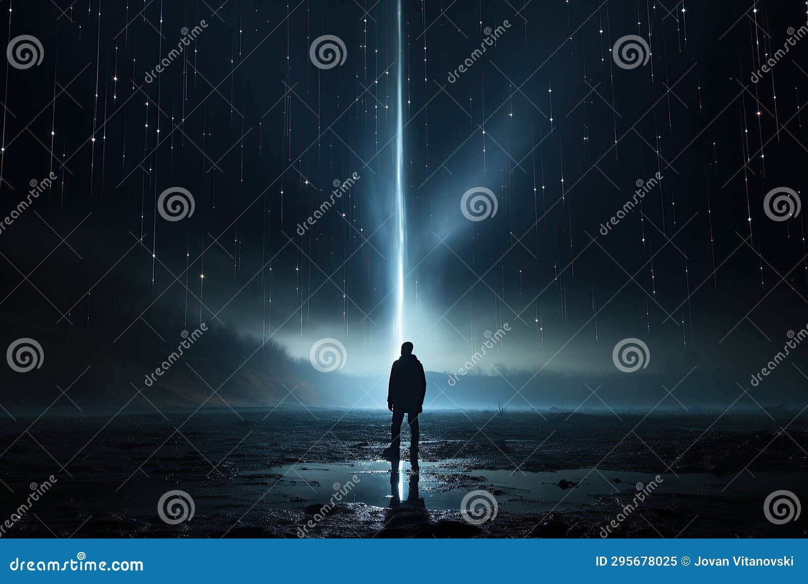 Man Walking in the Night Toward the Light in Space Stock Illustration ...